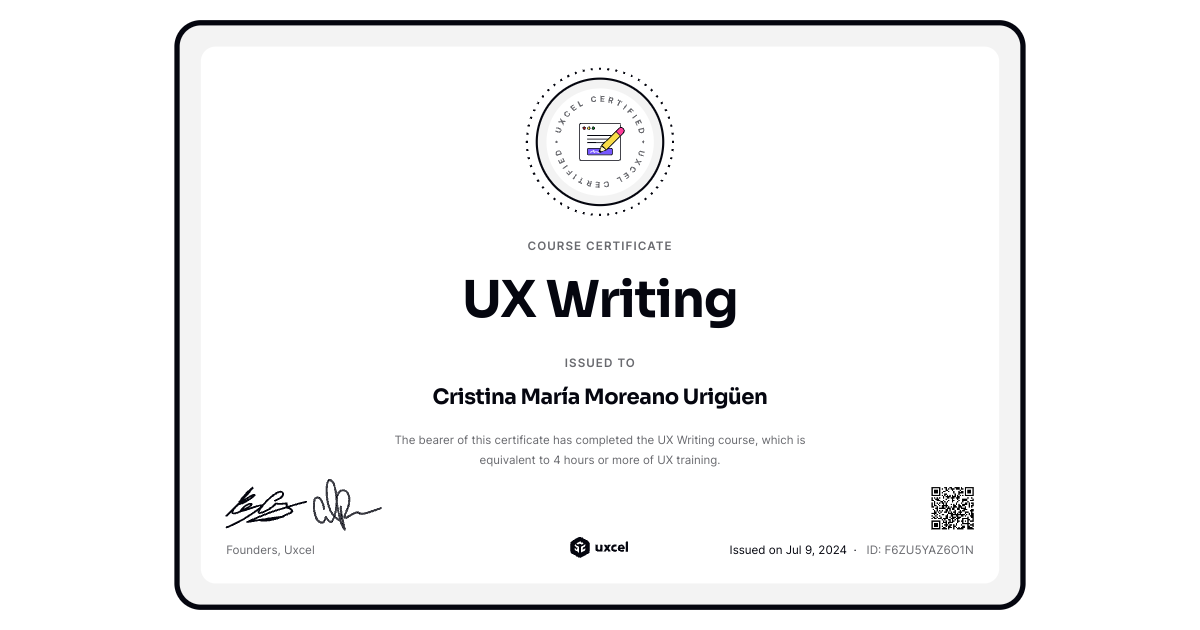 Certificate of completion for UX Writing | Uxcel
